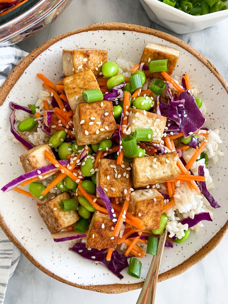 Pan-Fried Tofu Rice Bowl with Sesame Soy Coleslaw - Winnie Kison