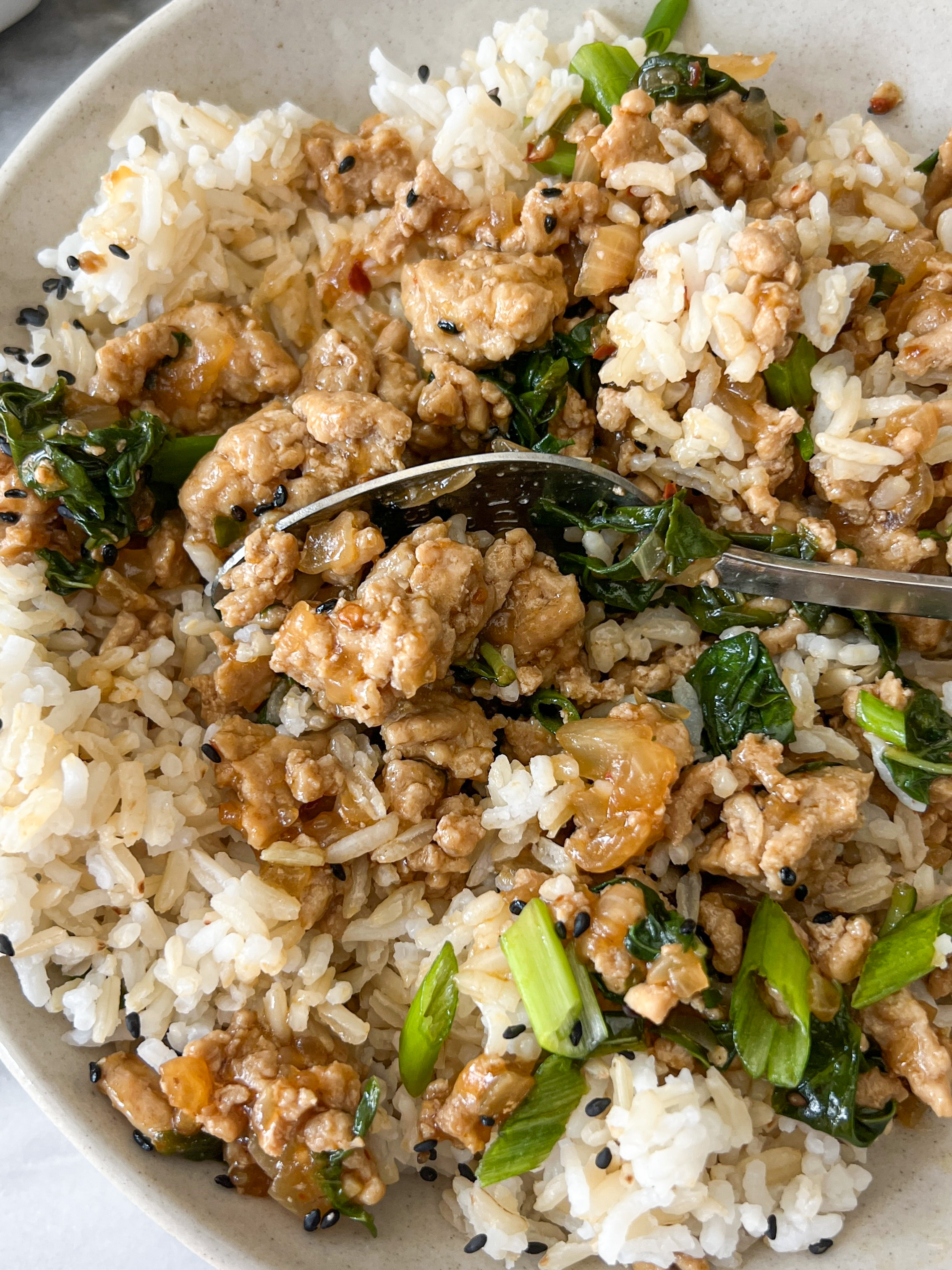 Ground Chicken & Basil Rice Bowl - Winnie Kison